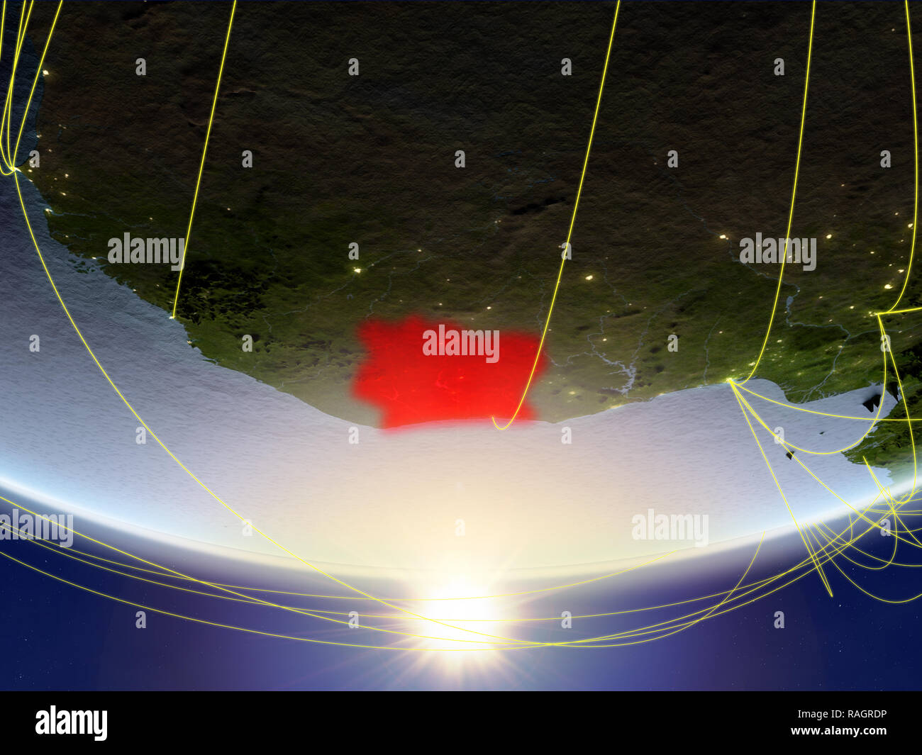 Ivory Coast on model of planet Earth in sunrise with network ...