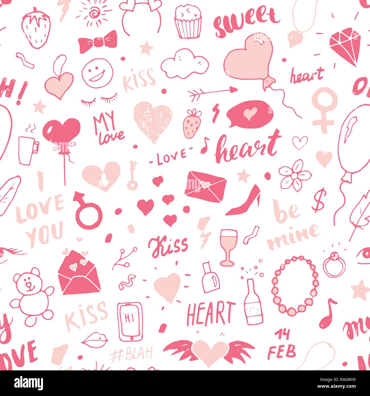 Love and Valentine Day seamless pattern vector illustration. Hand drawn ...