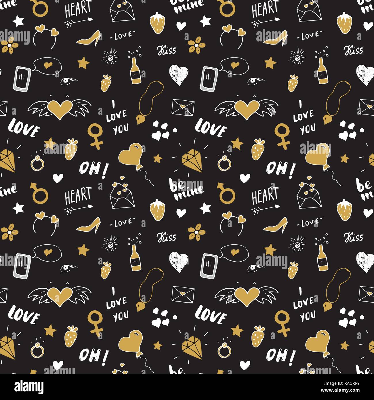 Love and Valentine Day seamless pattern vector illustration. Hand drawn ...