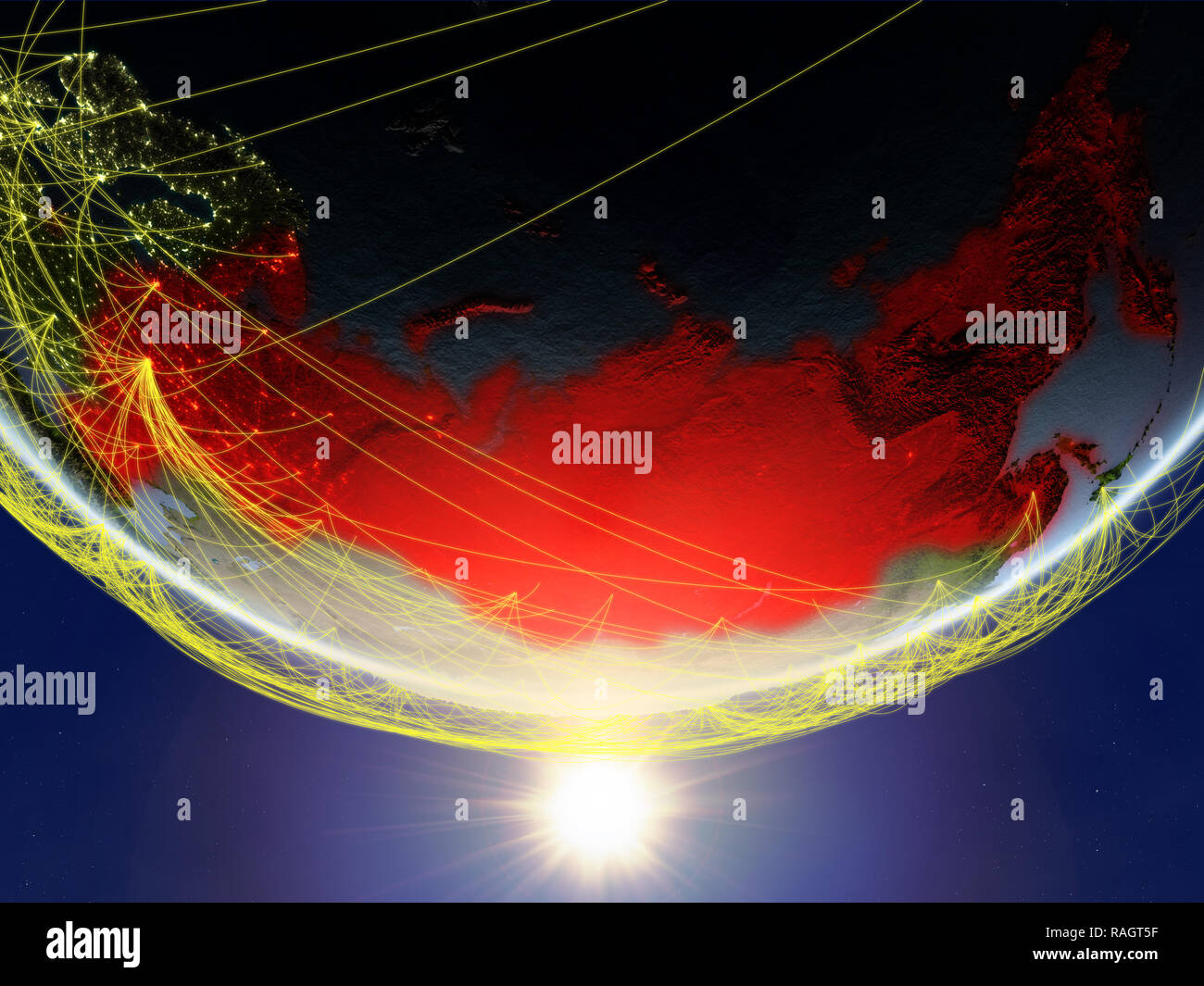 Russia on model of planet Earth in sunrise with network representing ...