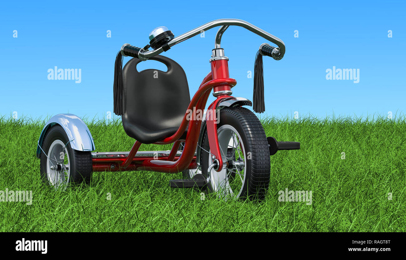 Children's tricycle on the green grass against blue sky, 3D rendering ...