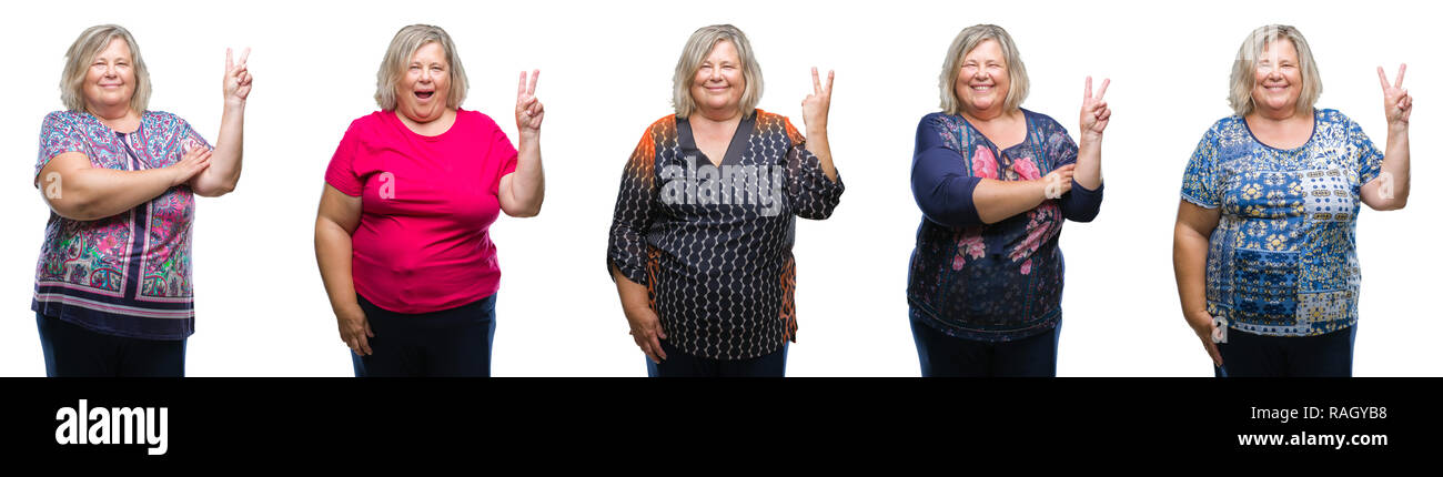Collage of senior fat woman over isolated background smiling with happy ...