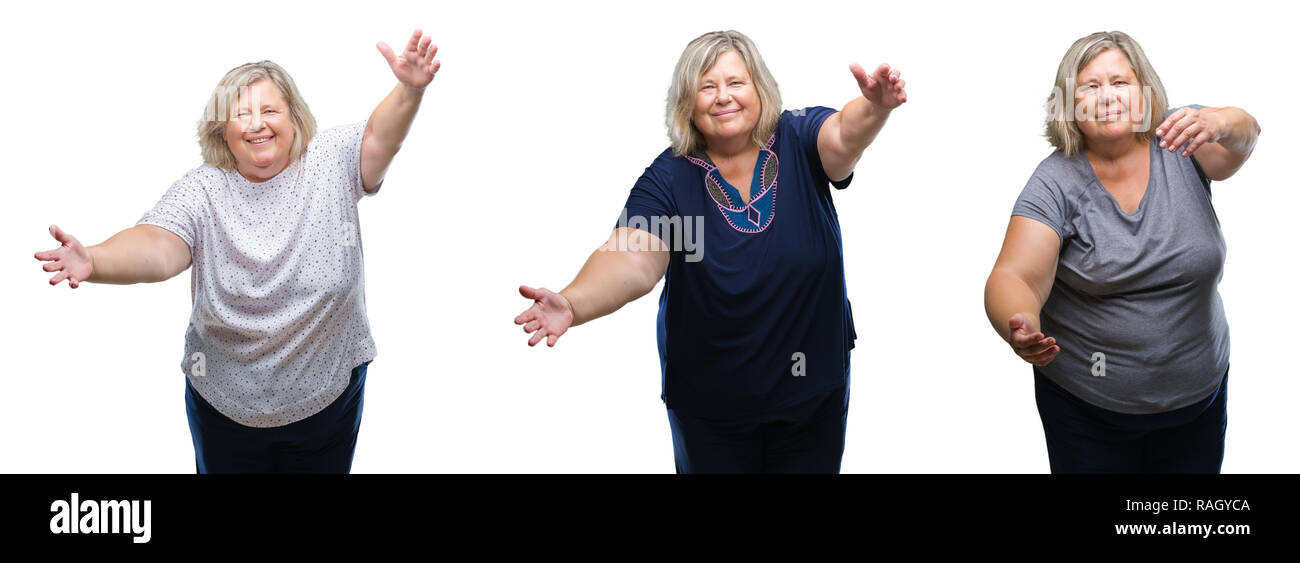 Collage of senior fat woman over isolated background looking at the ...