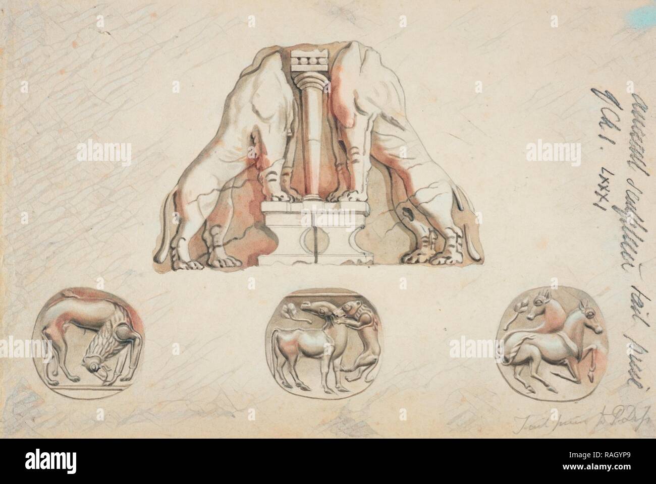 Two headless lions from the gateway of Mycenae and three gems depicting ...