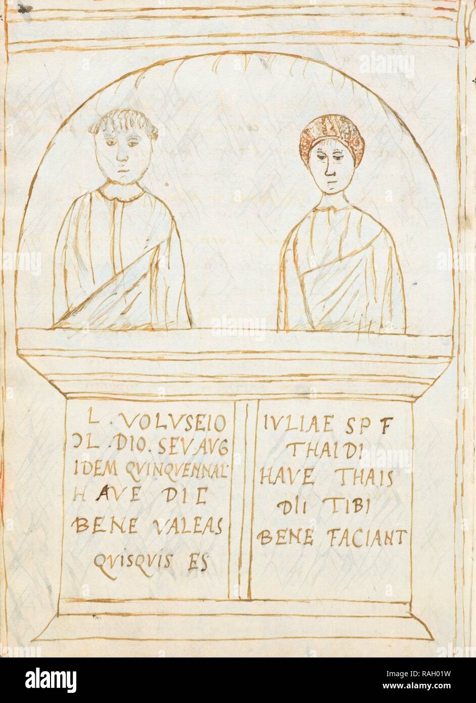Roman funerary cippus with portrait busts of the deceased couple and an ...