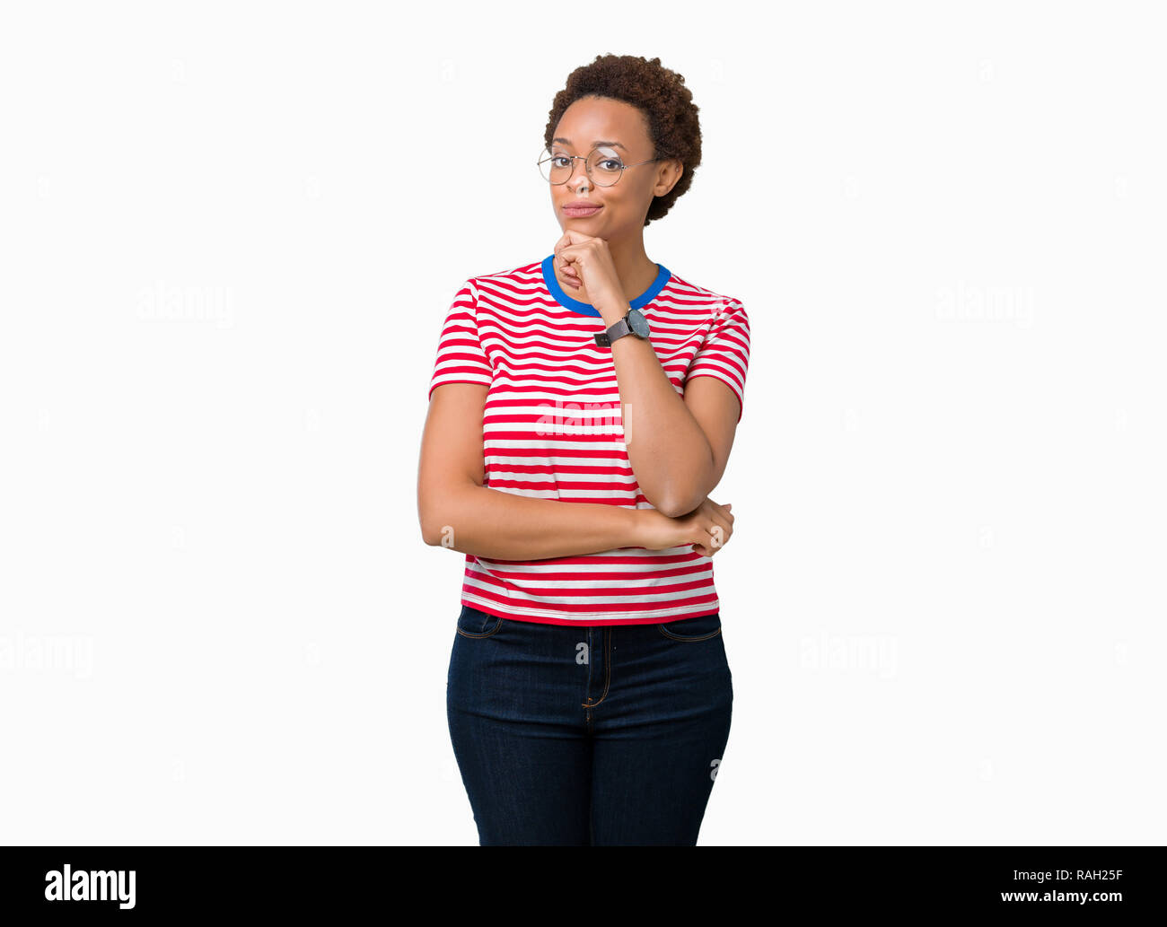 Beautiful young african american woman wearing glasses over isolated ...