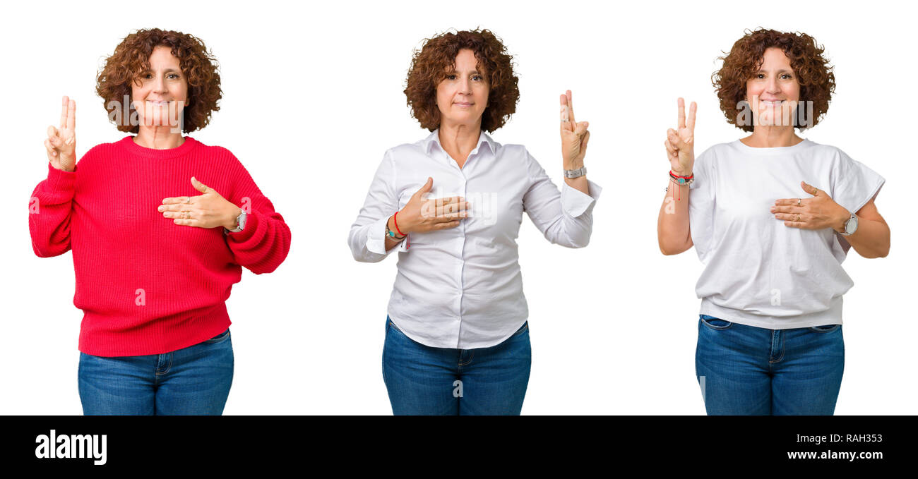 Collage of middle age senior woman over white isolated background ...