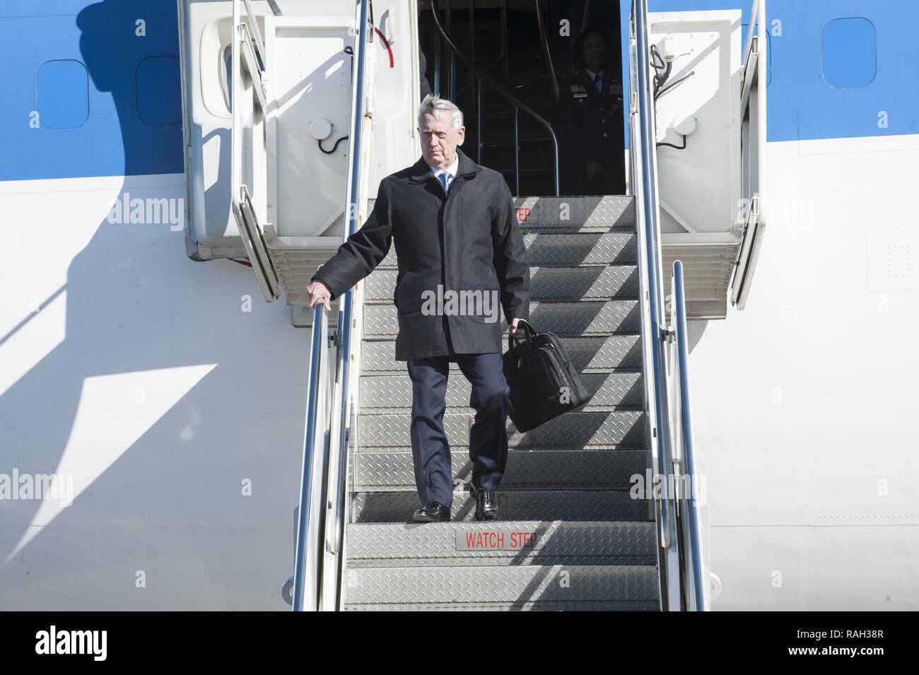 Defense Secretary Jim Mattis arrives at Yokota Air Base Japan. While in ...