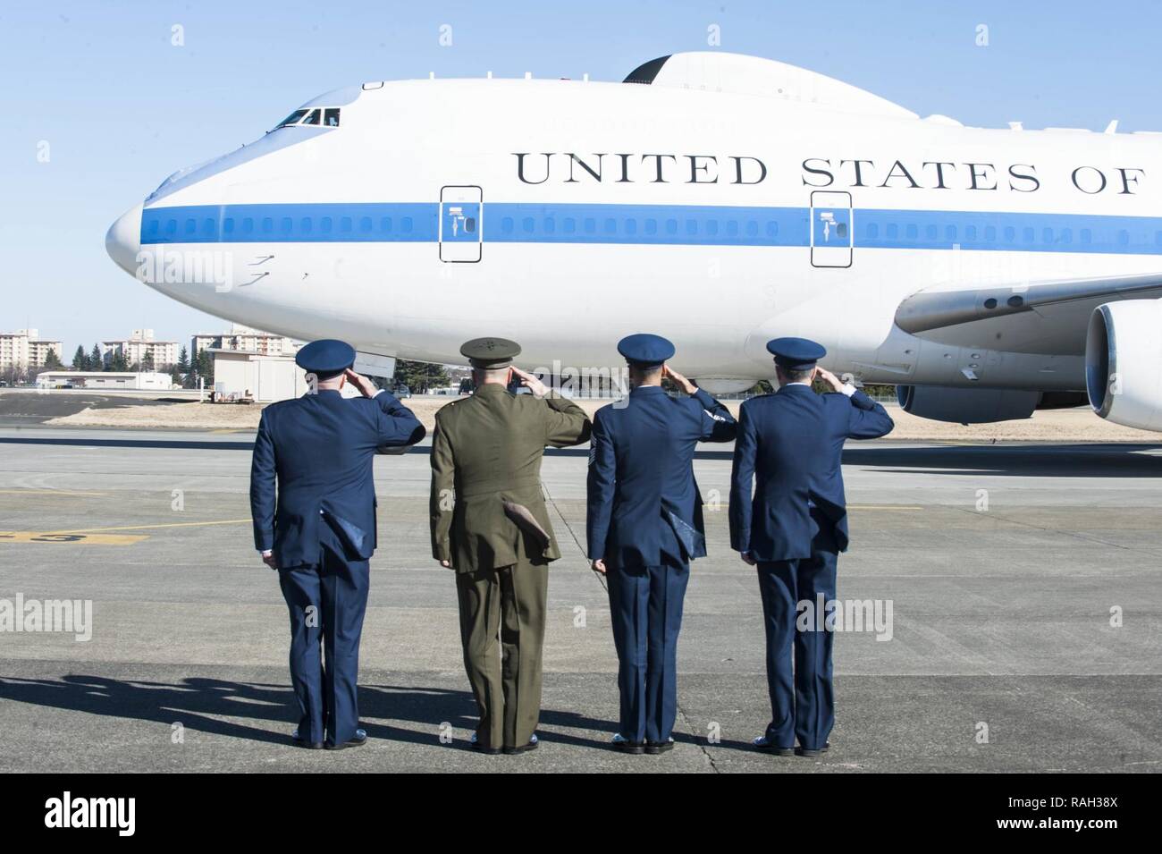 Defense Secretary Jim Mattis is greeted by US Forces Japan Commander Lt ...