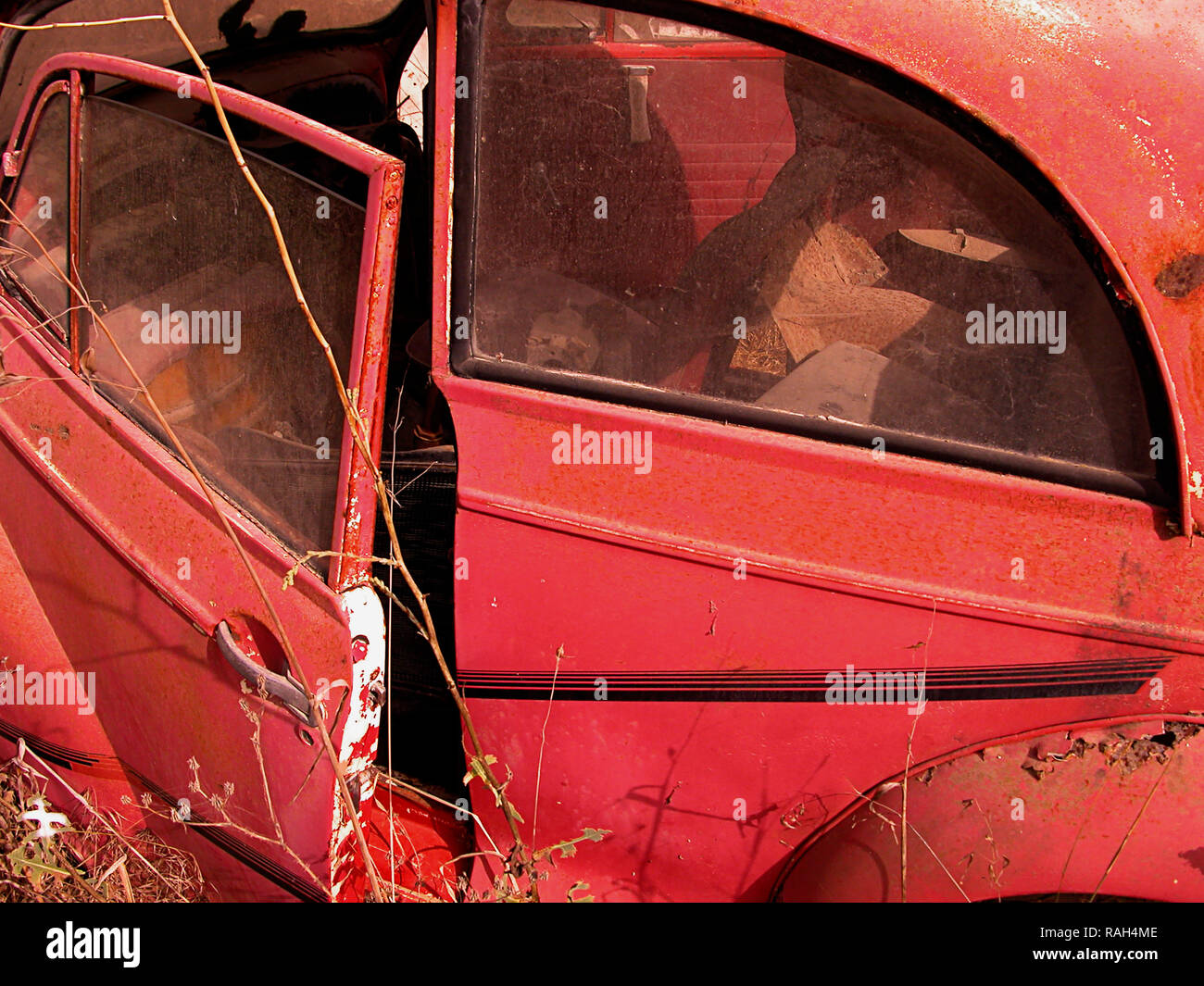 Close-up of door of abandoned red Morris Mini Minor 1000 in a small ...