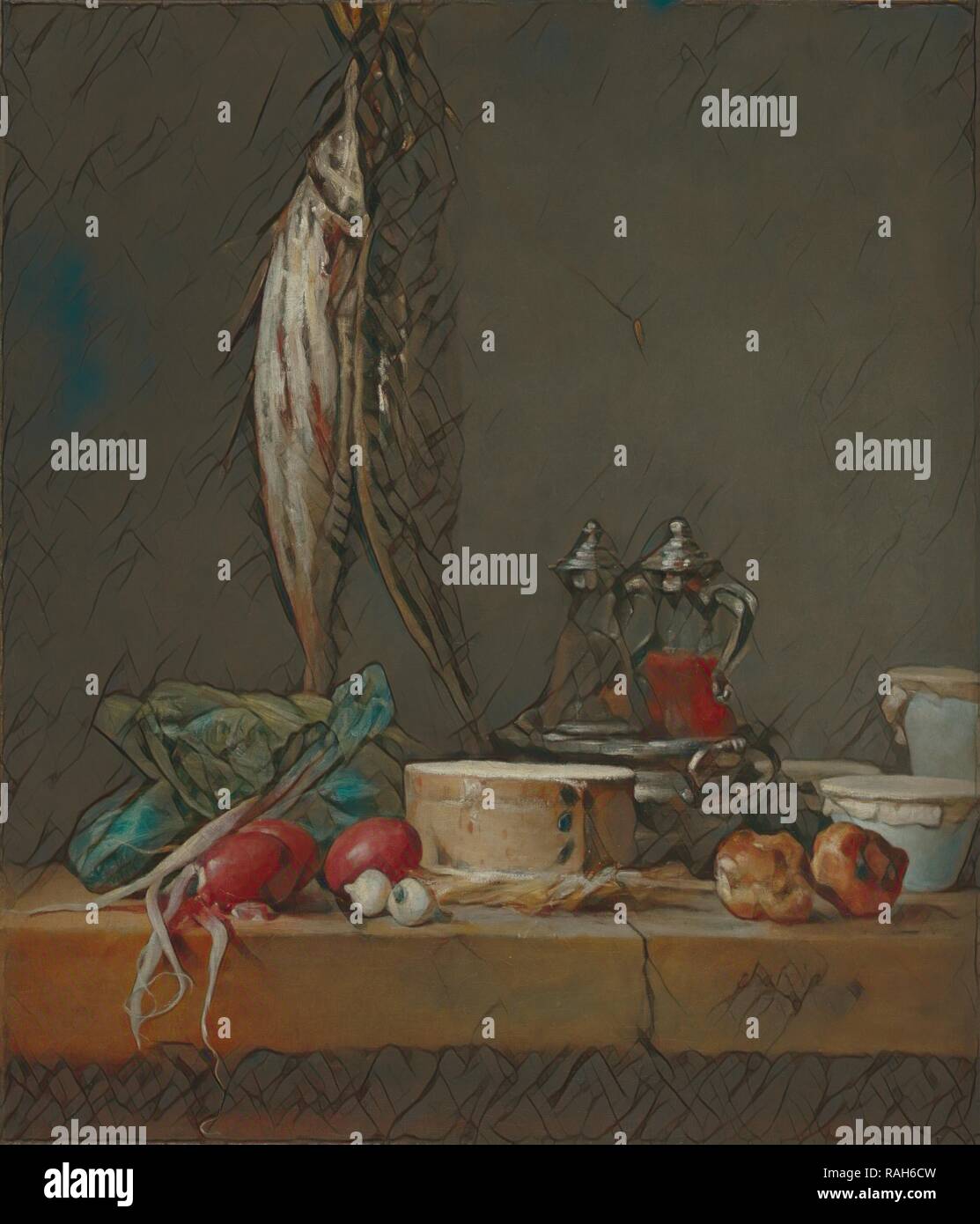 Still Life with Fish, Vegetables, Gougères, Pots, and Cruets on a Table ...