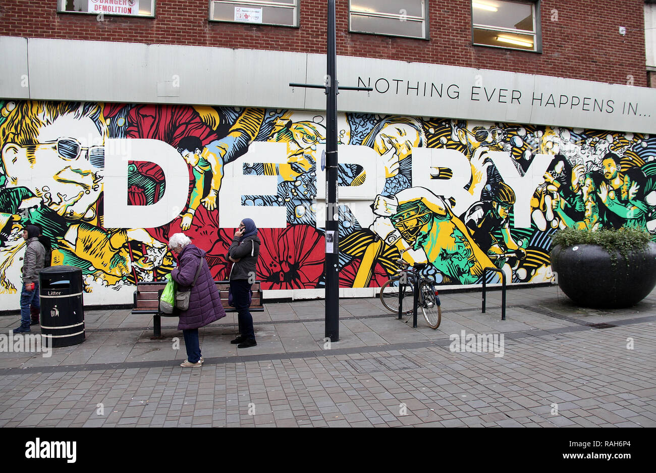 Mural by Peter Barber in Derby city centre captioned Nothing Ever ...