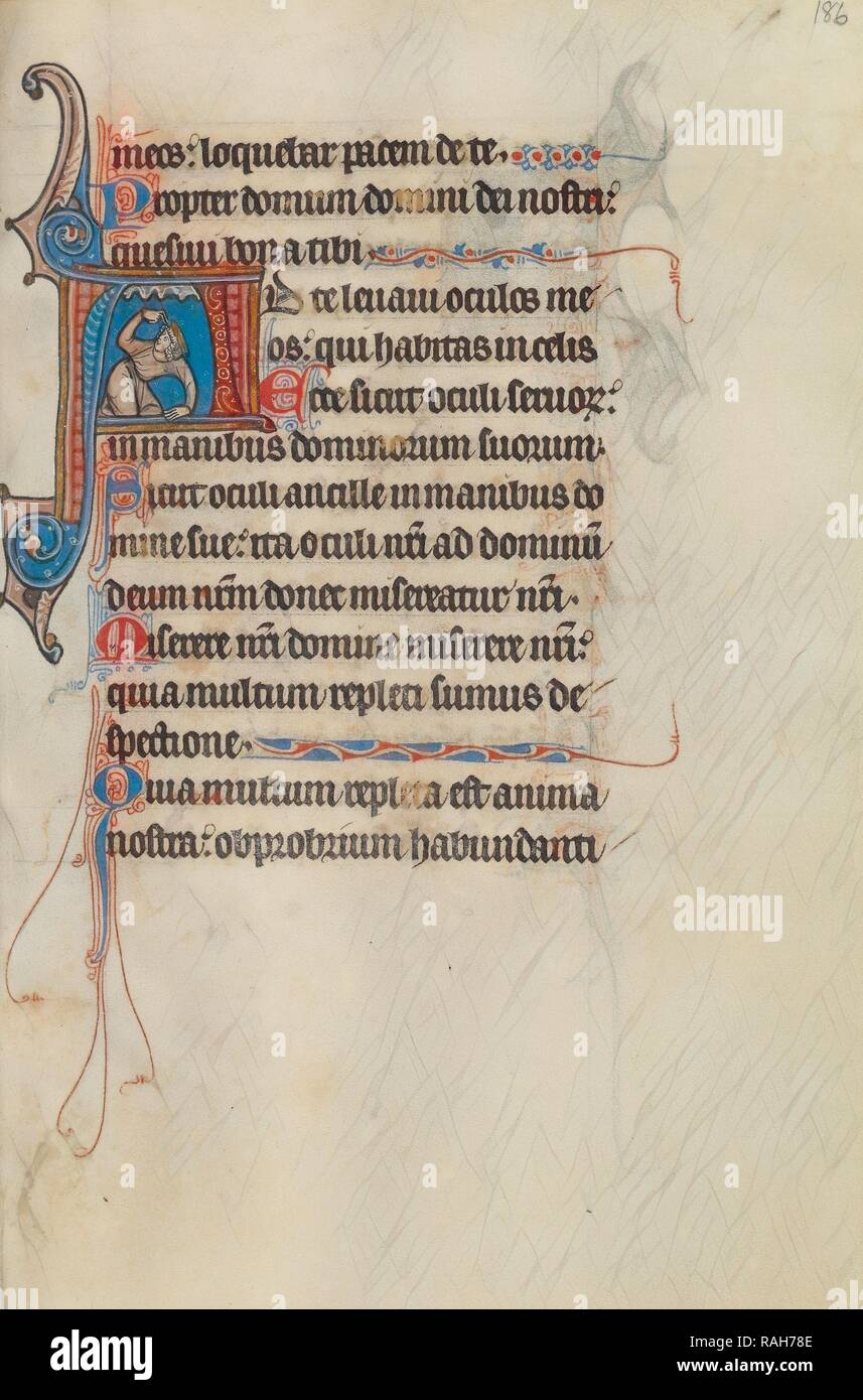 Initial A: A Kneeling King Pointing to His Crown and Touching the ...