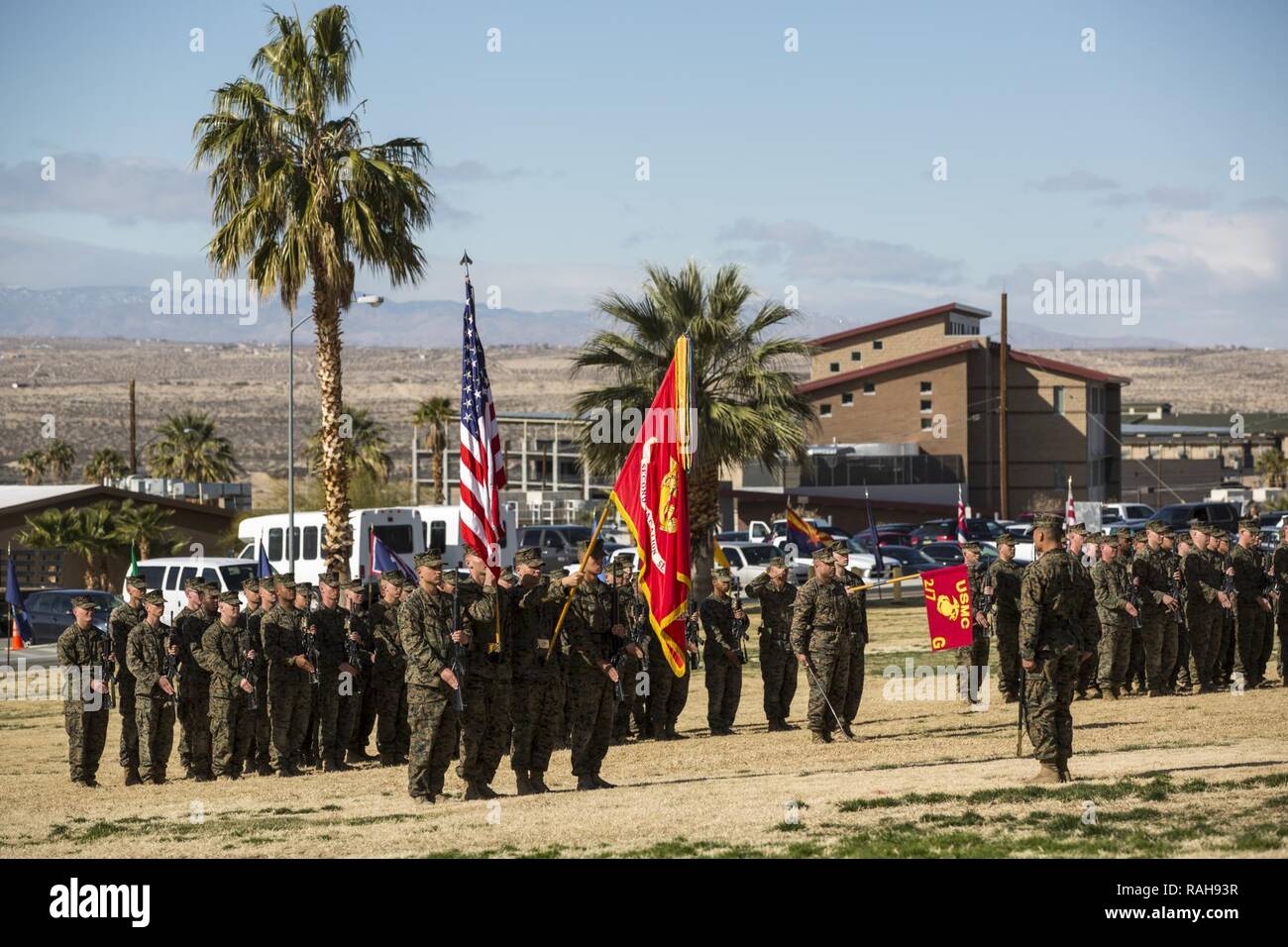 The color guard for 2nd Battalion, 7th Marine Regiment, carries the ...