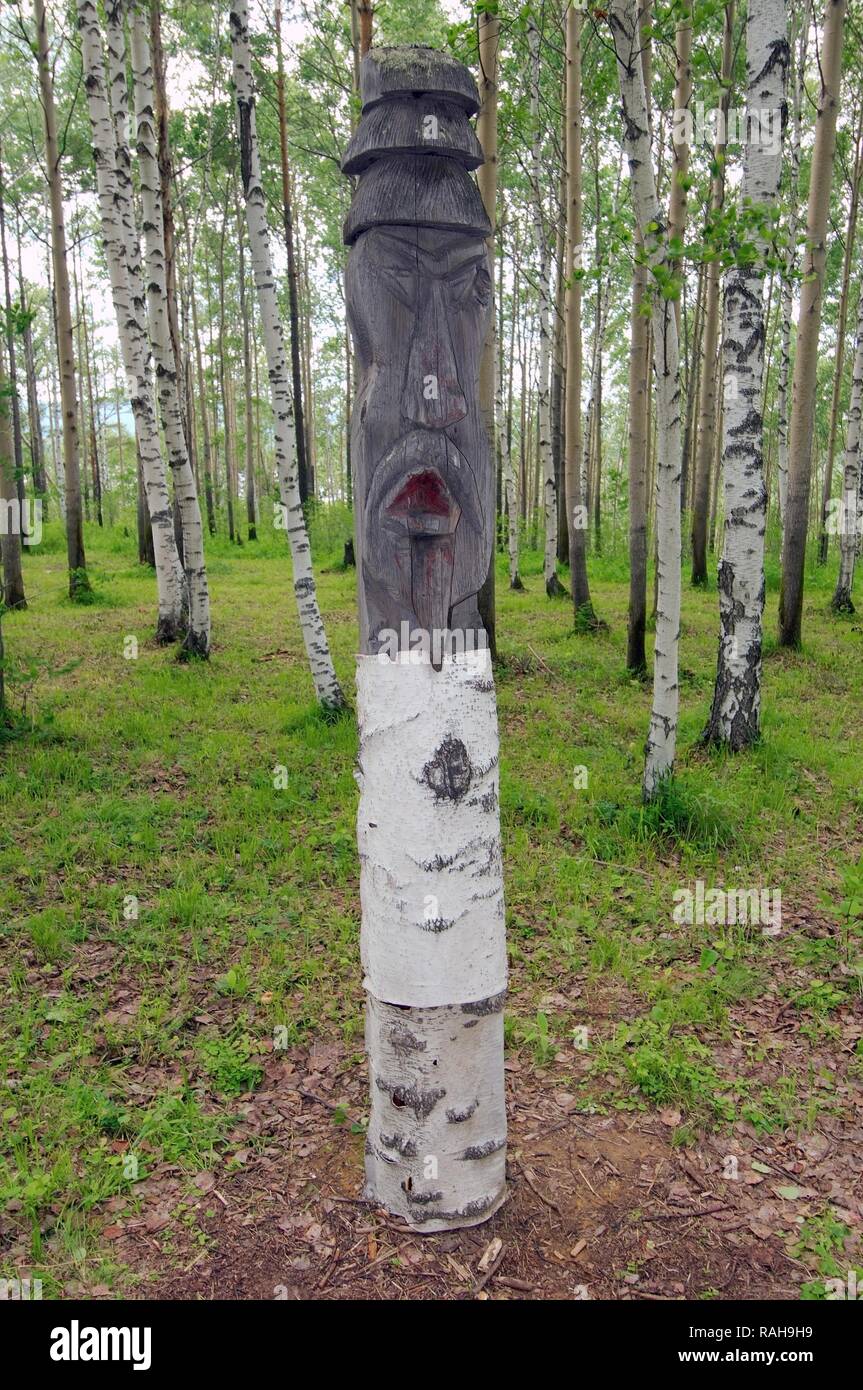Wooden pole sculpture, Evenki settlement, Irkutsk region, Baikal ...