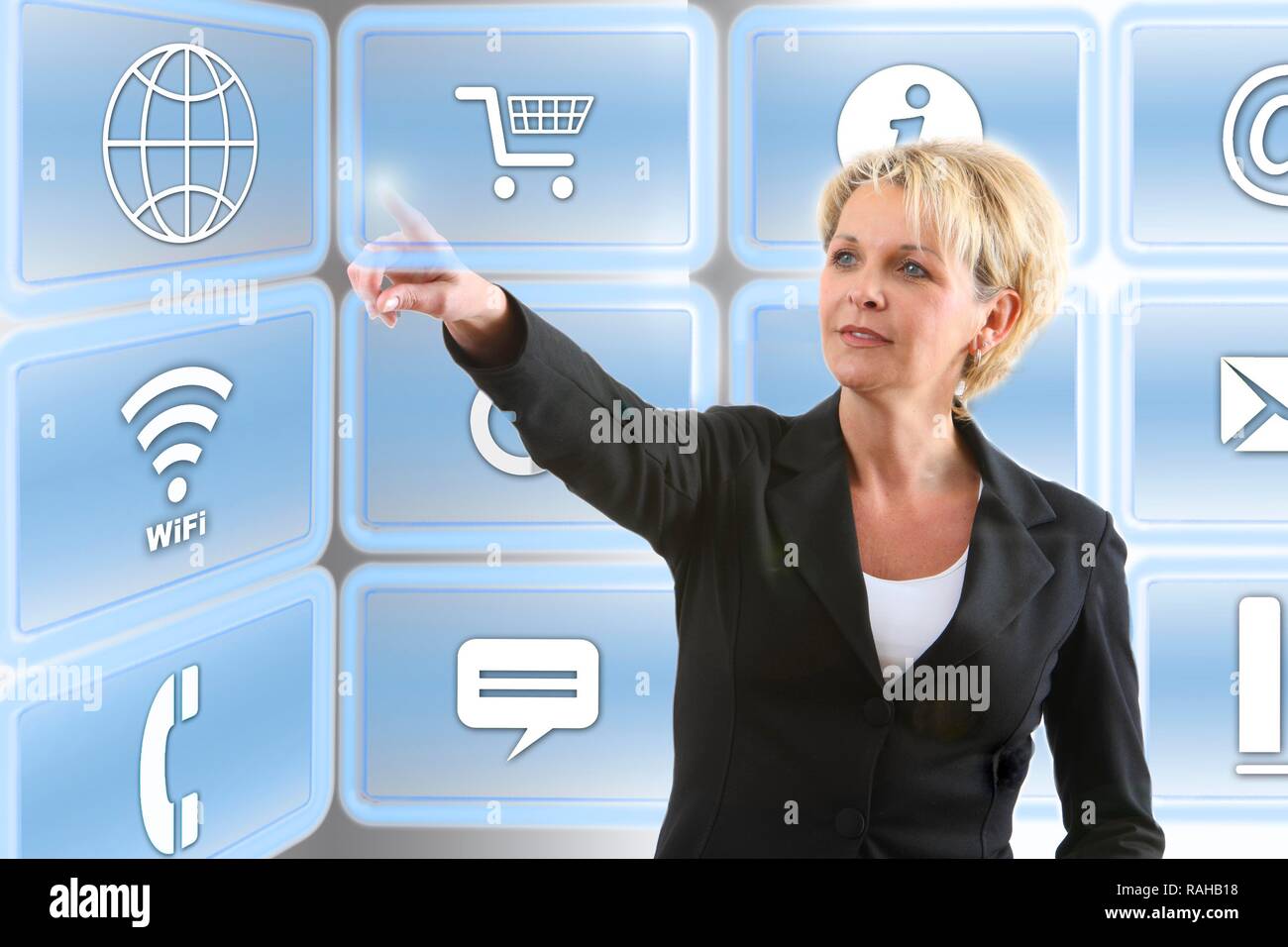 Woman using virtual icons, interactive user interface, symbolic image ...