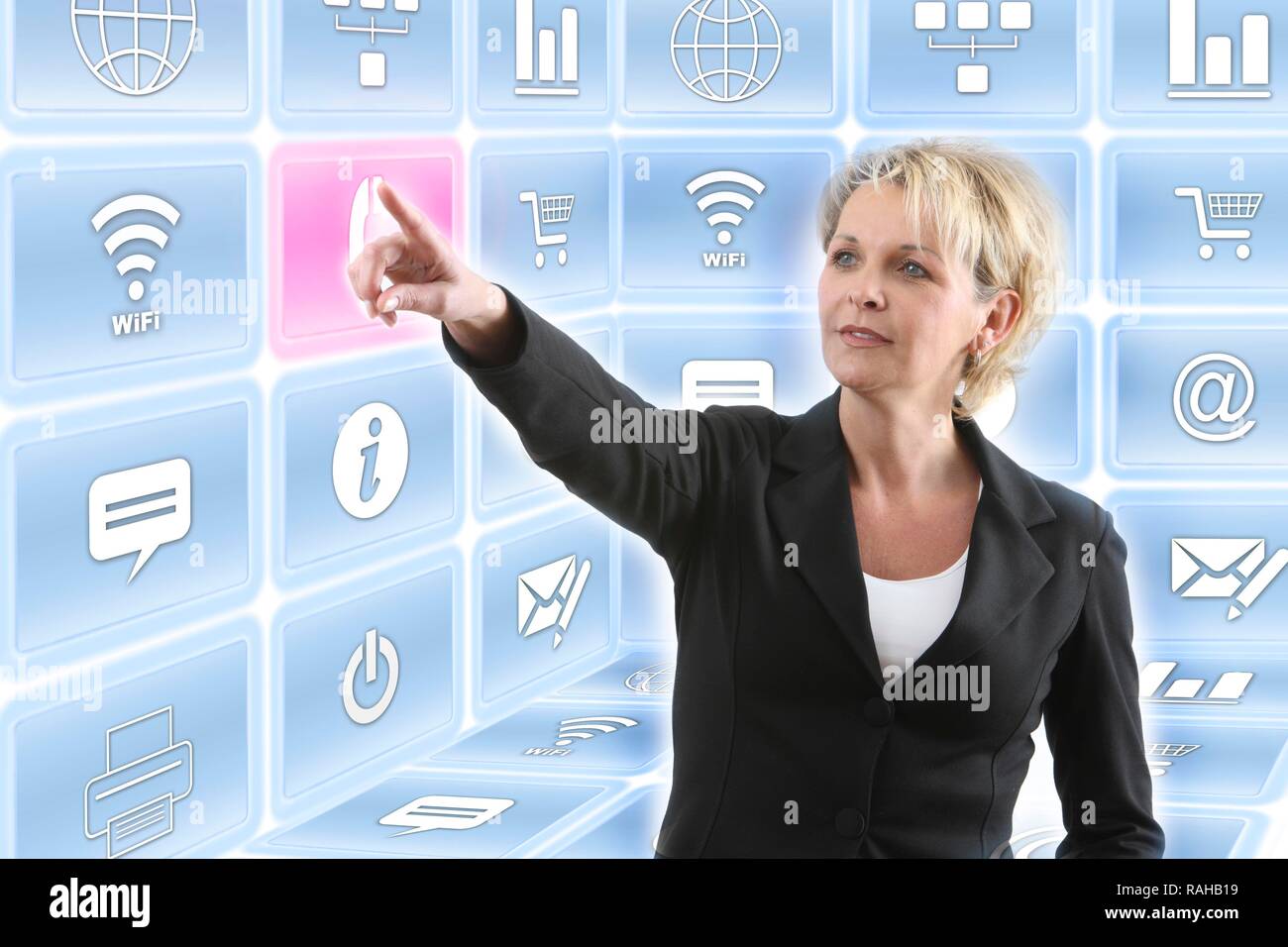 Woman using virtual icons, interactive user interface, symbolic image ...