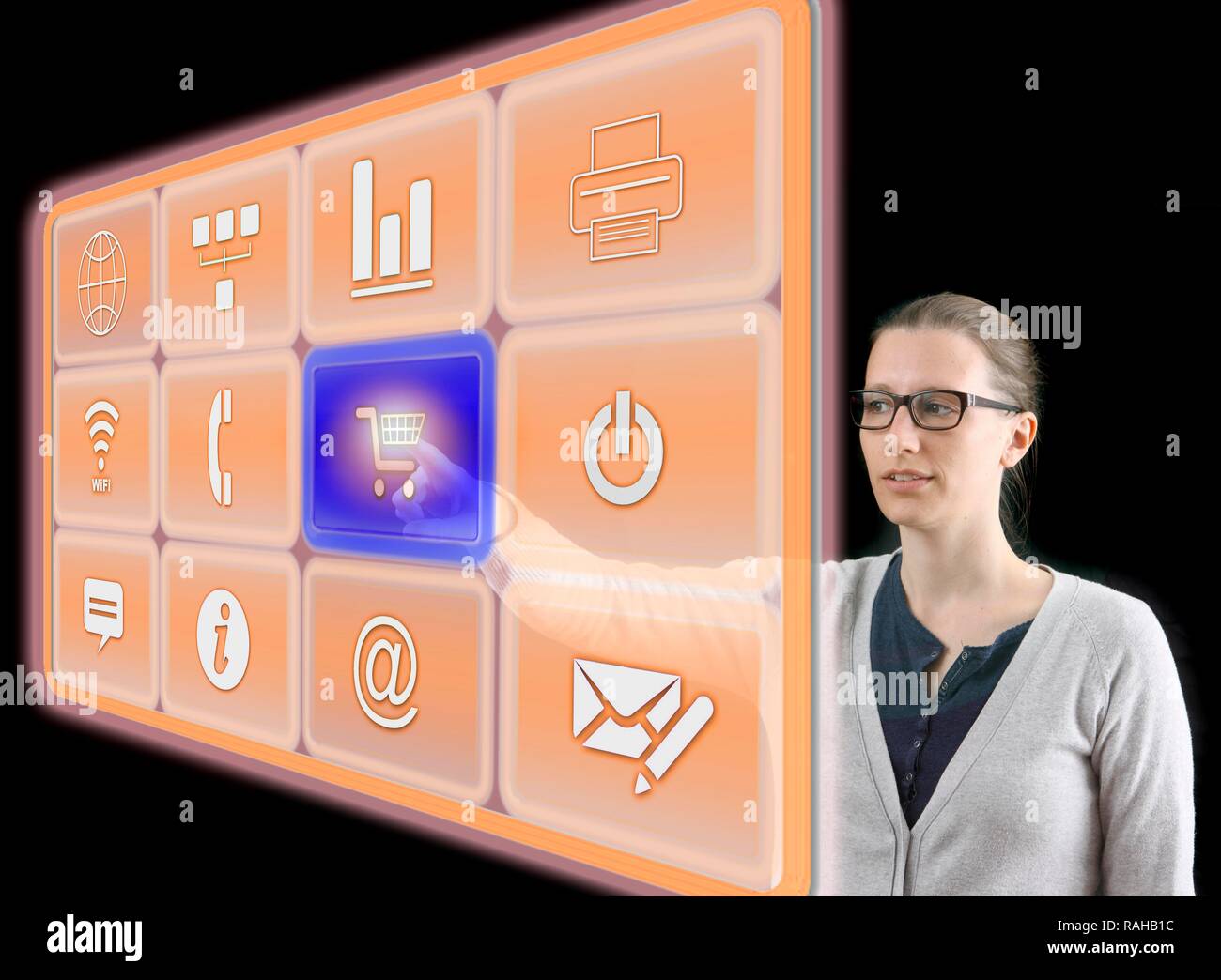 Woman using virtual icons, interactive user interface, symbolic image ...