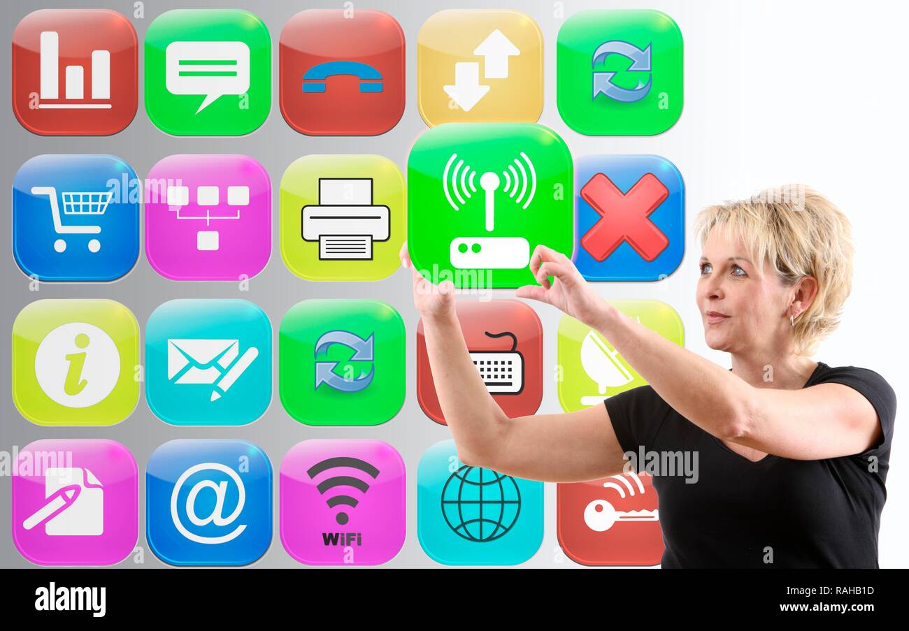Woman using virtual icons, interactive user interface, symbolic image ...