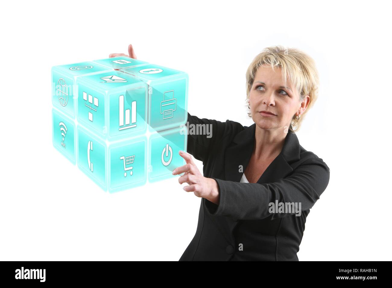 Woman using virtual icons, interactive user interface, symbolic image ...