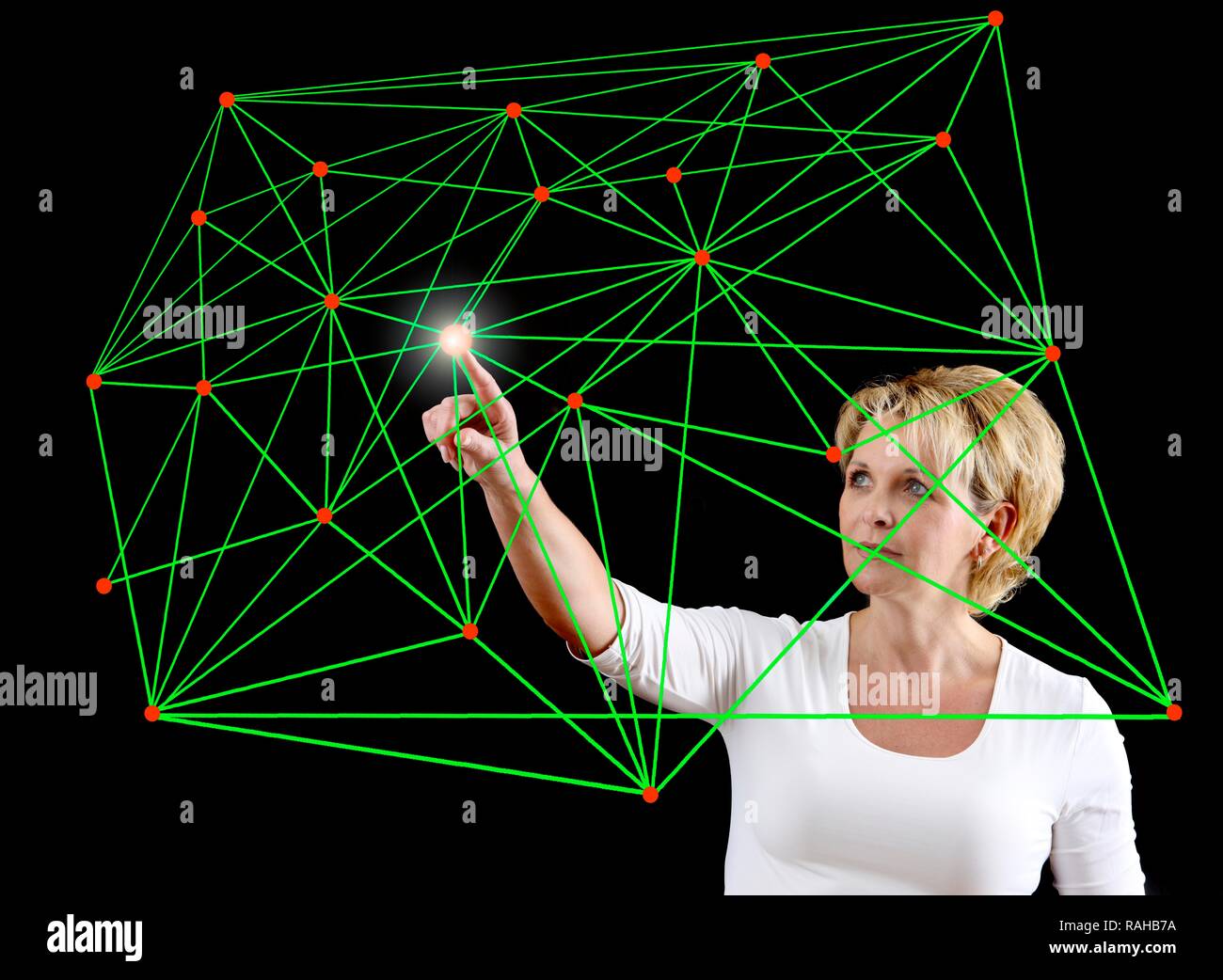 Woman with a virtual model, symbolic image for networks, networking ...