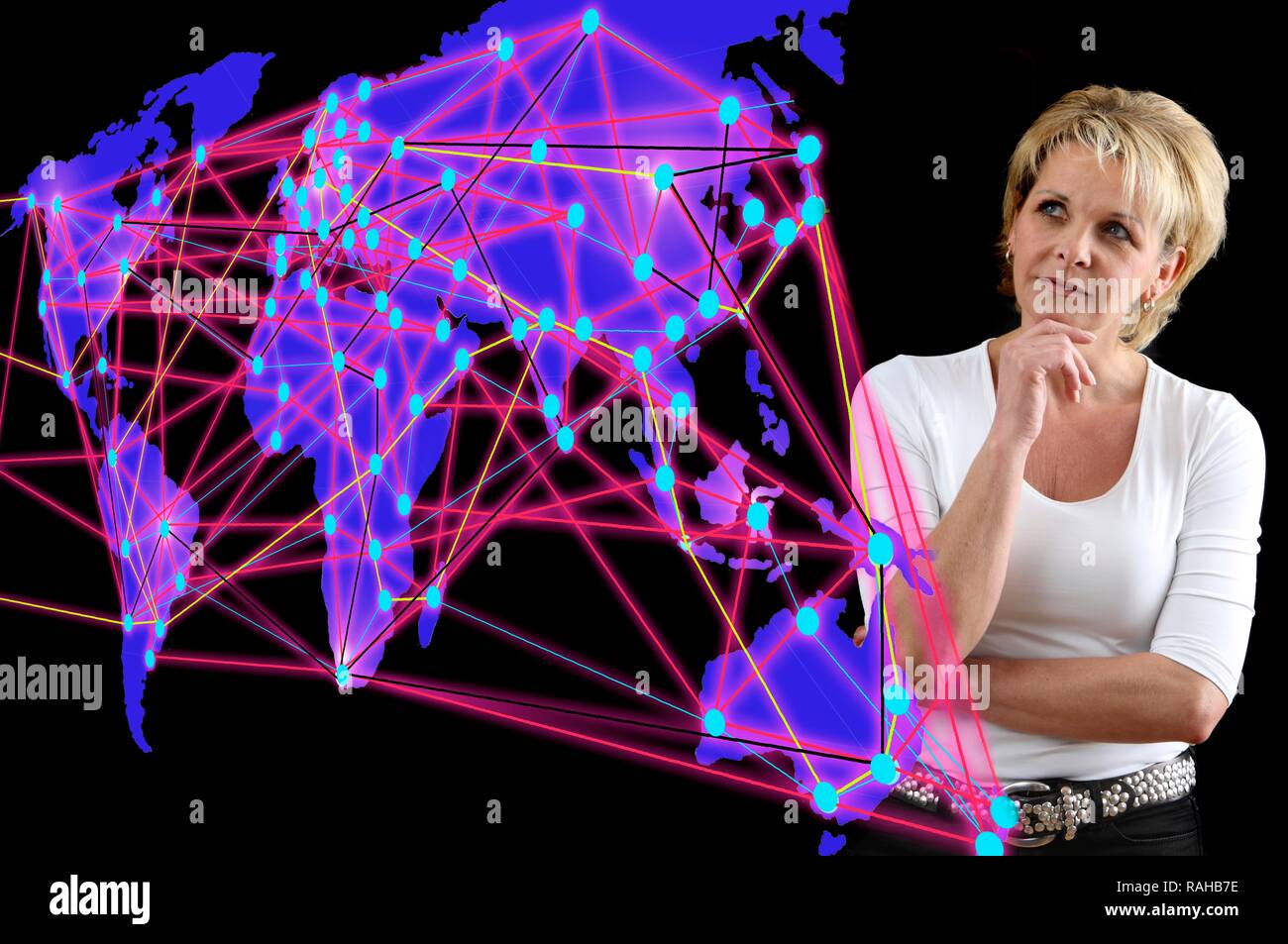 Woman with a virtual model, symbolic image for networks, networking ...