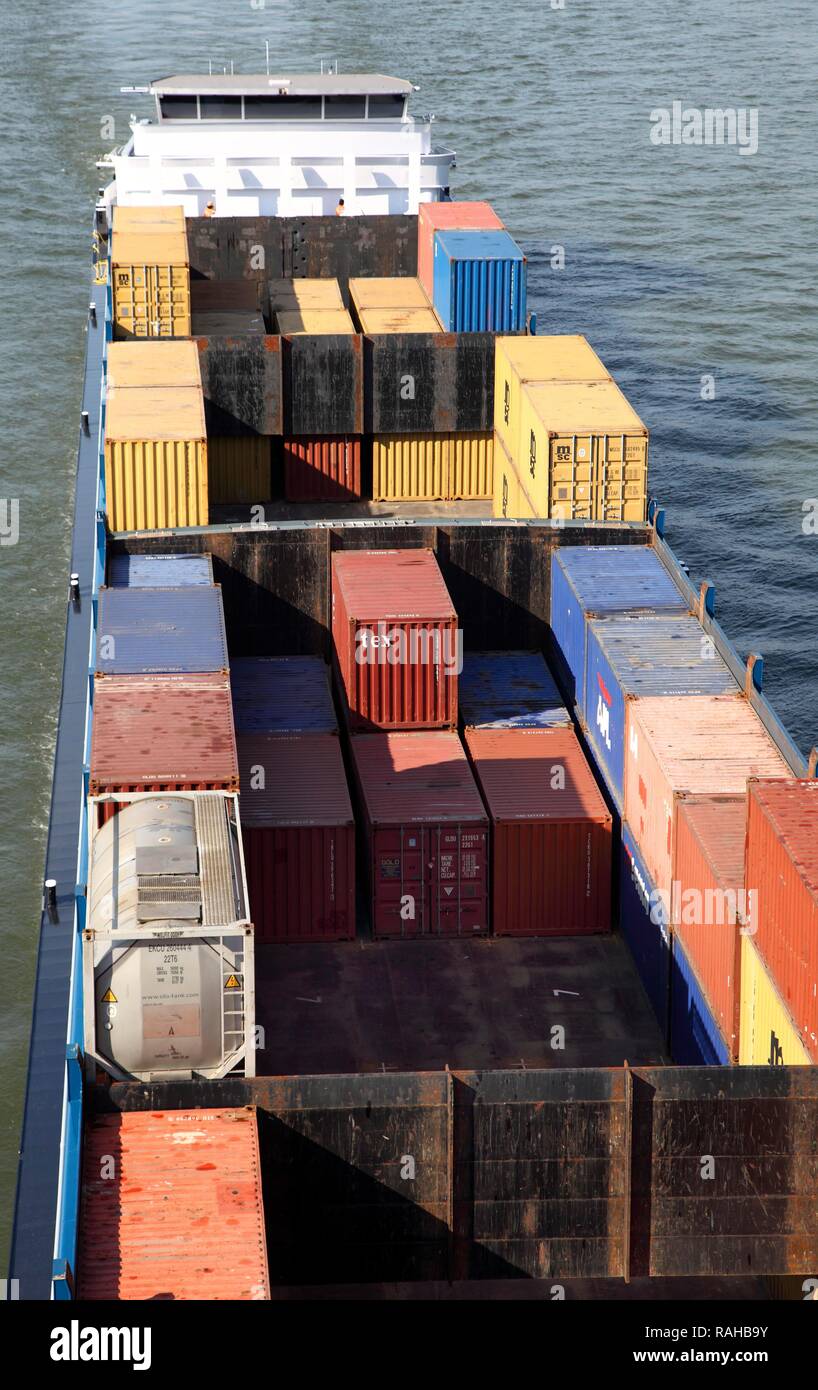 Container ship, ship on the Rhine going upstream, near Duisburg ...