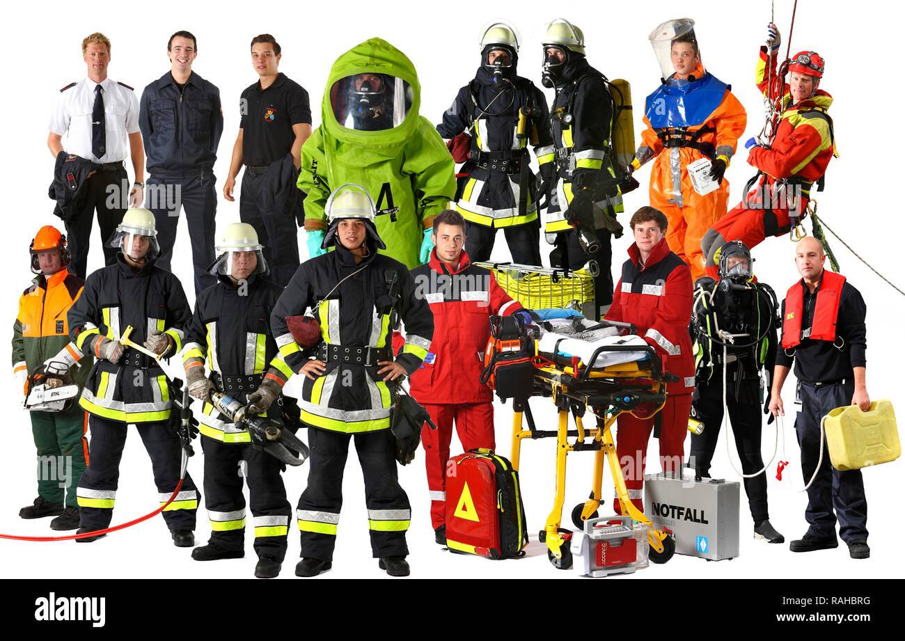 Firefighters wearing different uniforms, including a chemical ...