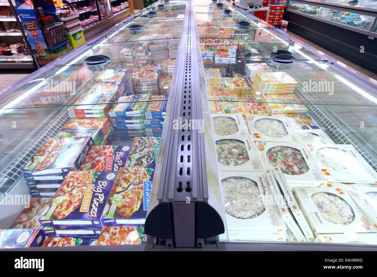 Freezers with various frozen products, convenience foods, self-service ...