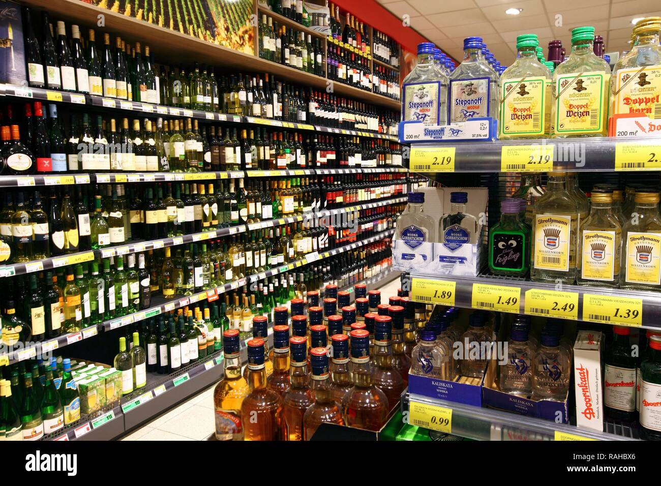 Beverage section, alcohol, spirits, self-service, food department ...
