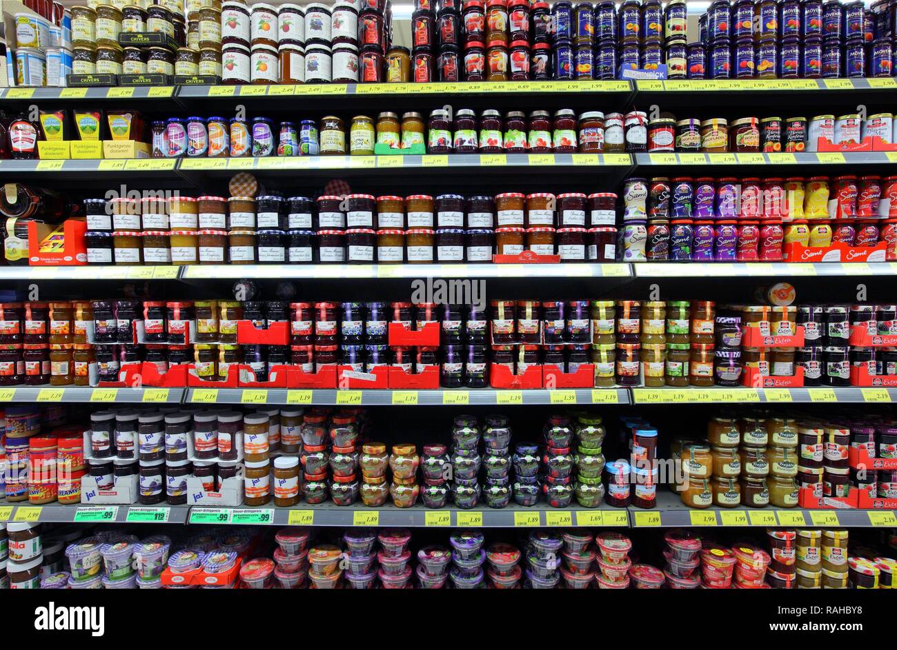 Shelves of jams, preserves, self-service, food department, supermarket ...
