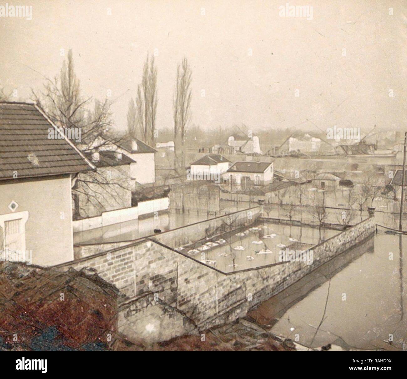 Houses and gardens in a flooded suburb of Paris, France, jan-1910 ...
