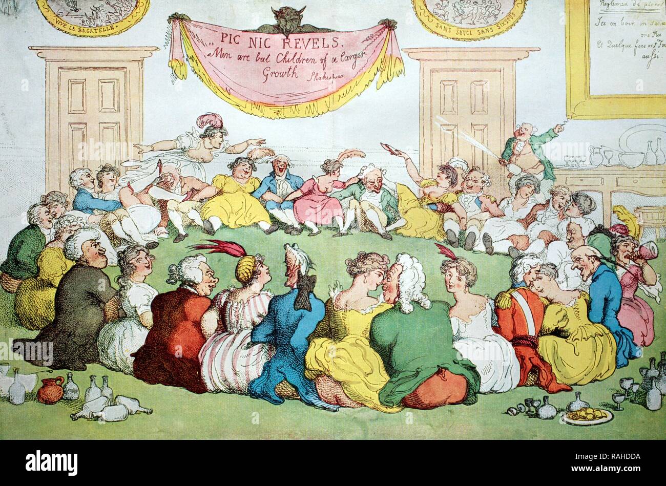 Boisterous party in England around 1800, colored copper engraving by ...