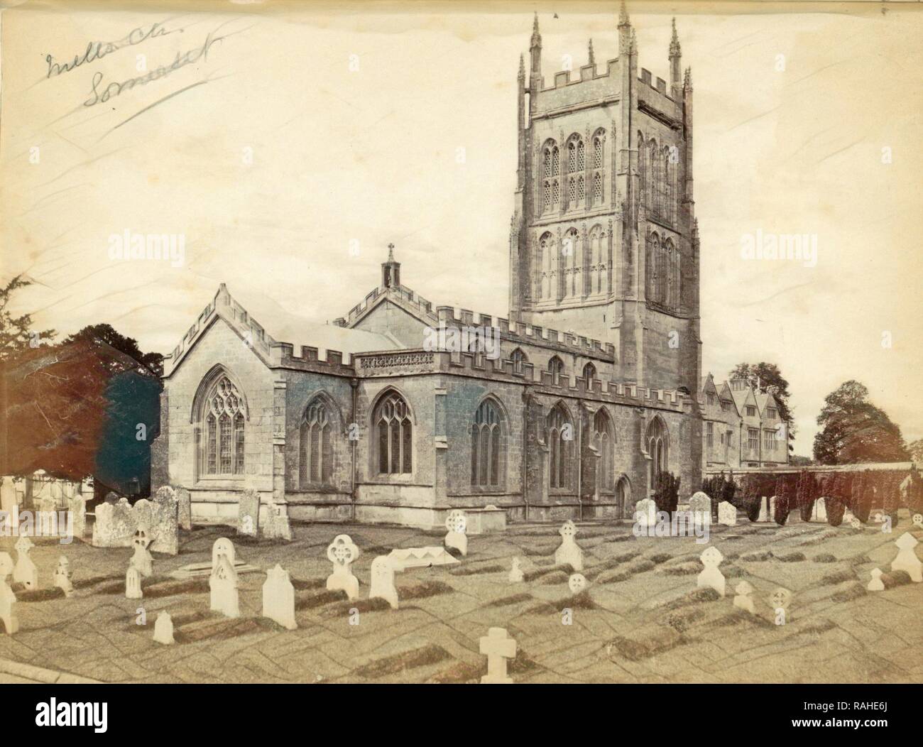 Exterior of the Church of St. Andrew with a graveyard before in Mells ...