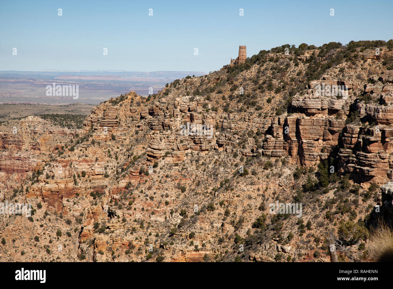 view of Watchtower at Desert View lookout from Navajo Point, an ...