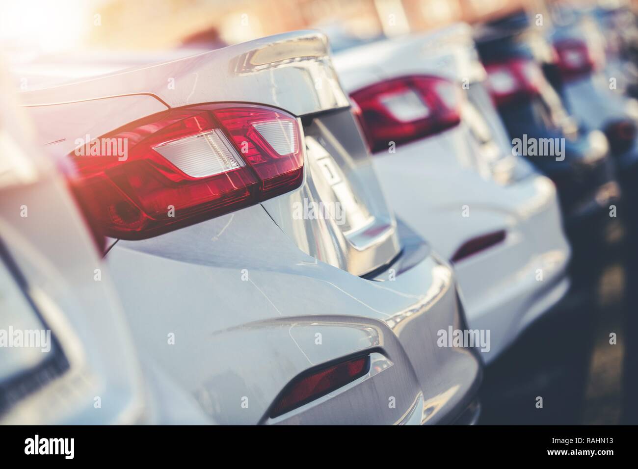 Car Factory Outlet. Row of Brand New Vehicles Ready to Dealership ...