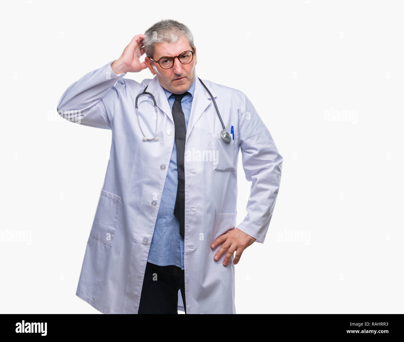 Handsome senior doctor man over isolated background confuse and wonder ...