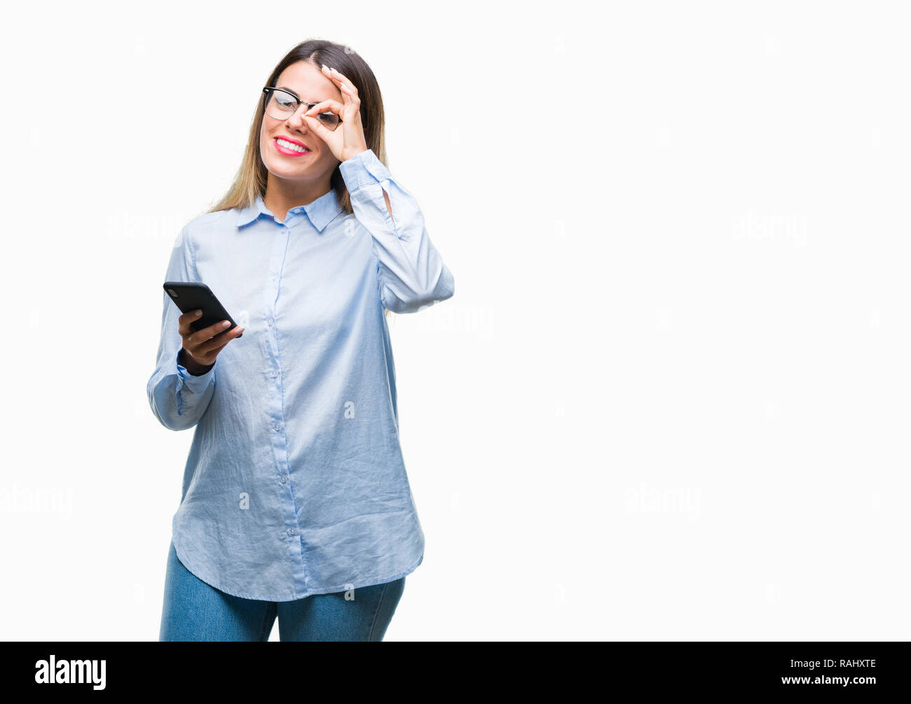 Young beautiful business woman texting message using smartphone over ...