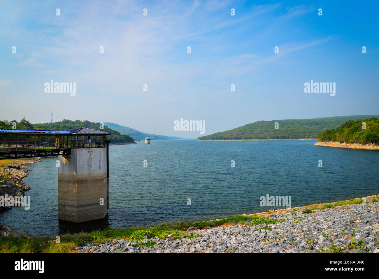 Water level meter / Landscape with dam lake mountain reservoir with ...