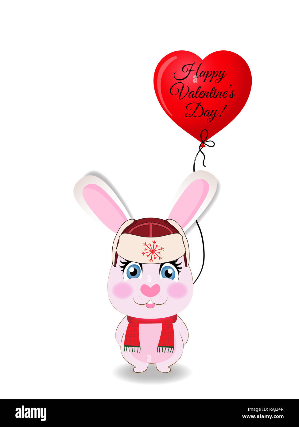 Valentines greeting card. Cute cartoon rabbit in red hat with ear flaps ...
