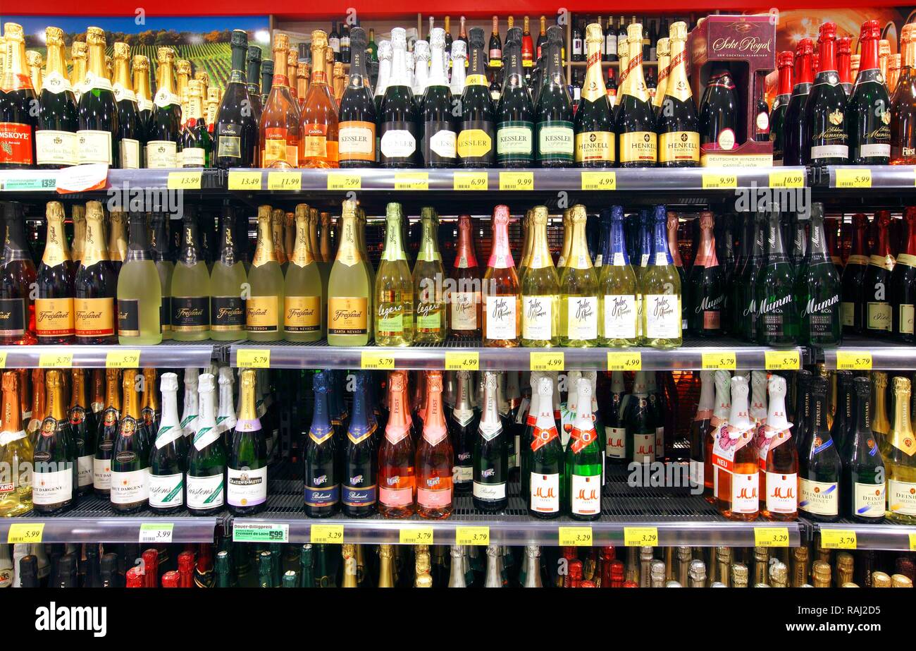 Beverage section, sparkling wine, champagne, shelves, self-service ...