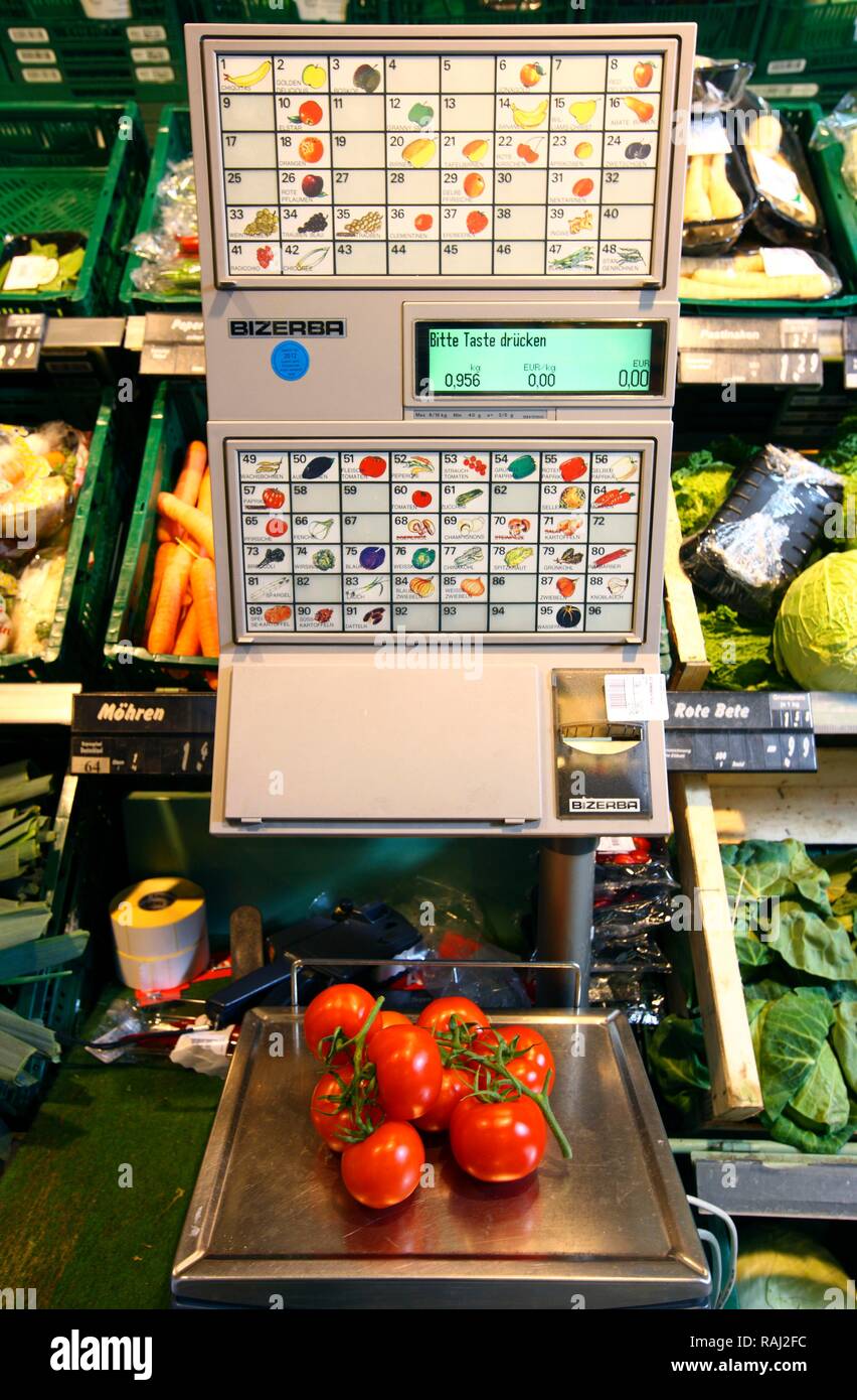 Price computing scales in the fruit and vegetable section of a self ...