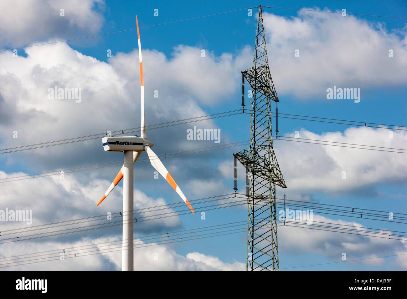 Wind turbines, wind power plant, wind farm, high voltage power lines ...