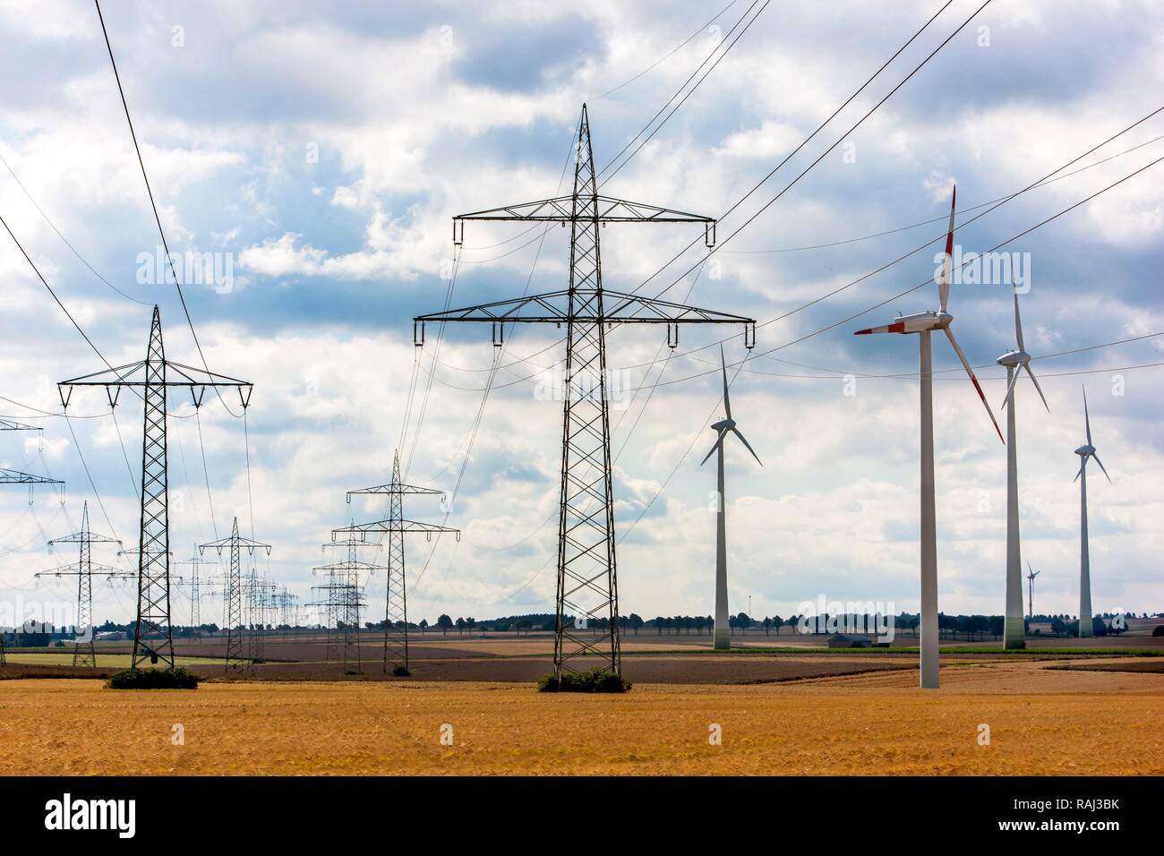 Wind turbines, wind power plant, wind farm, high voltage power lines ...