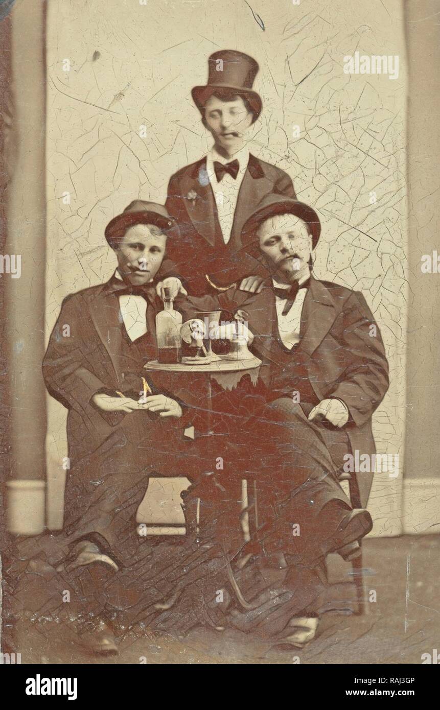 Portrait of three men at a table, drinking and cigar smoking, possibly ...