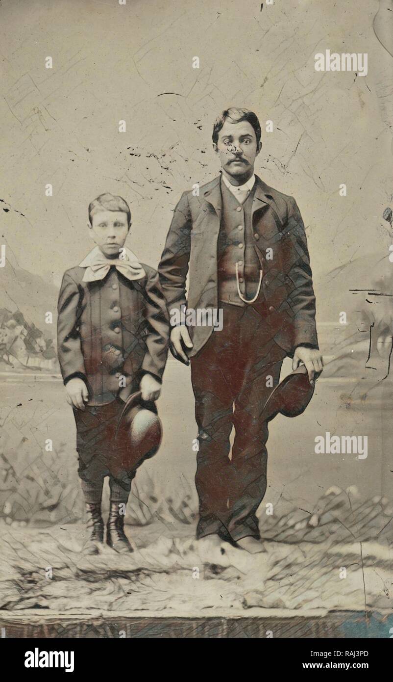 Portrait of a man and a boy, standing in front of a painted backdrop ...