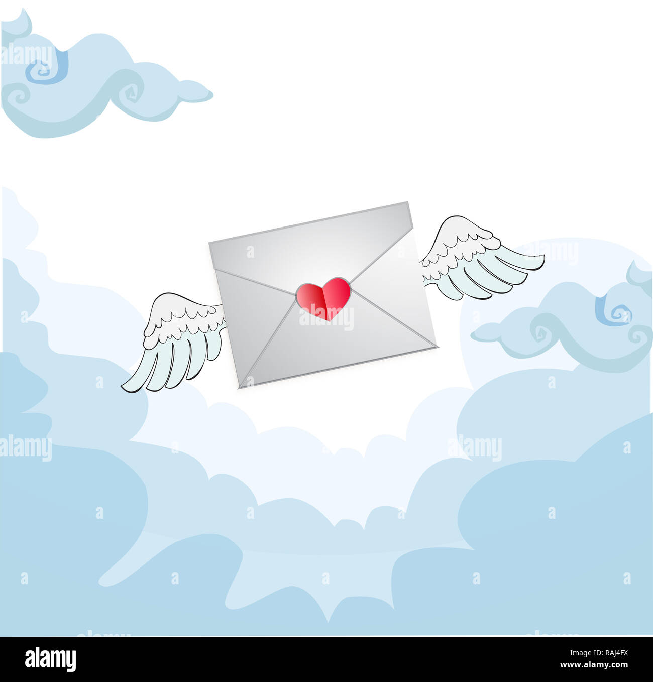 Flying love letter with white angel wings in the blue sky. Greeting ...