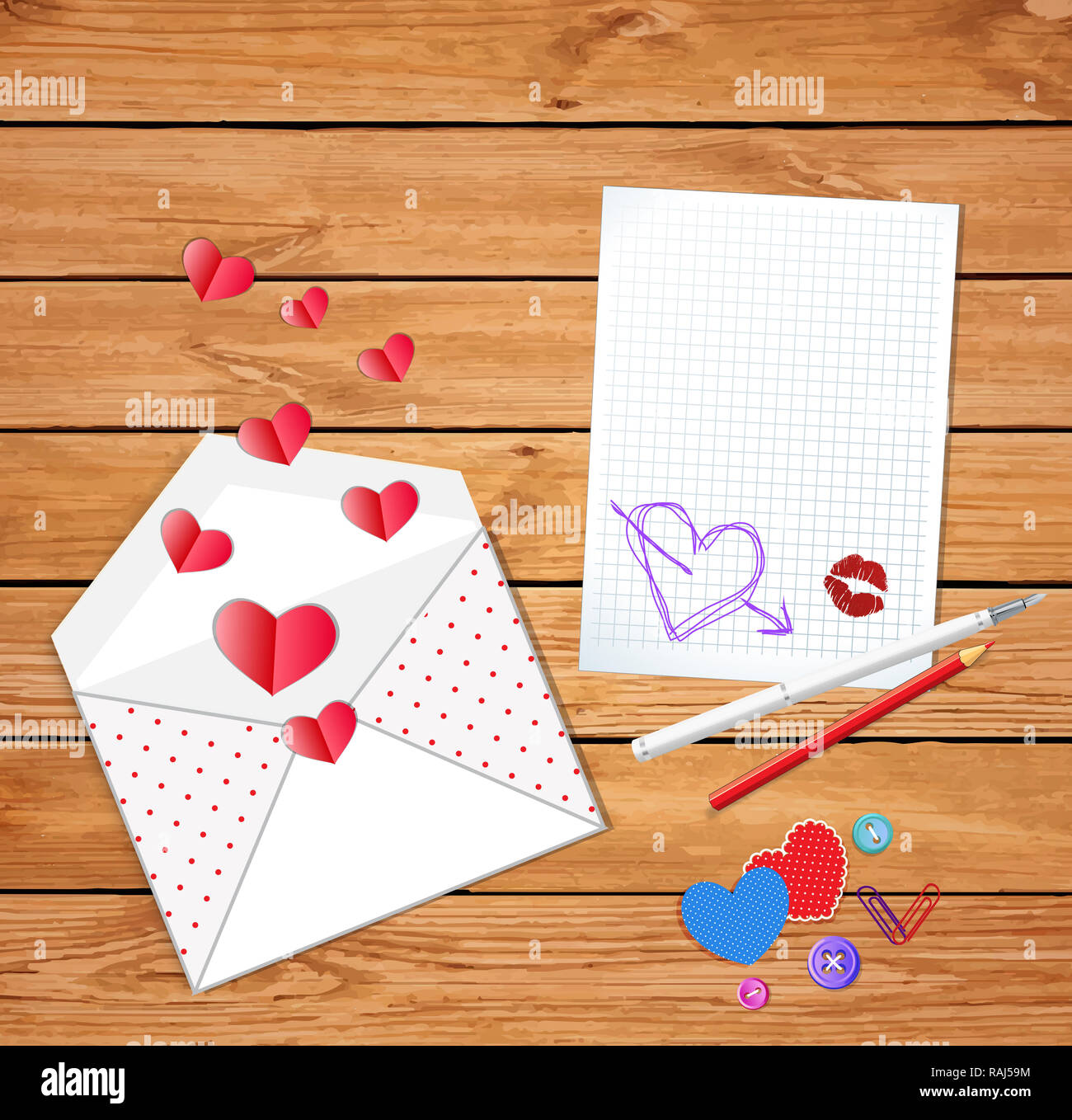 Valentines card with cute opened envelope with scattered red folded ...