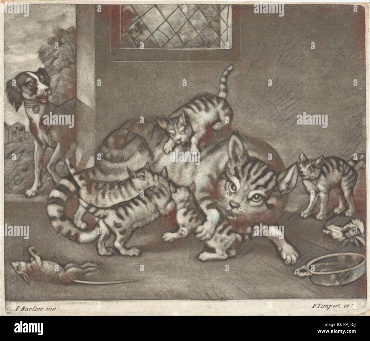 Cat with five kittens, Jan Griffier (I), Pierce Tempest, 1667 - 1717 ...