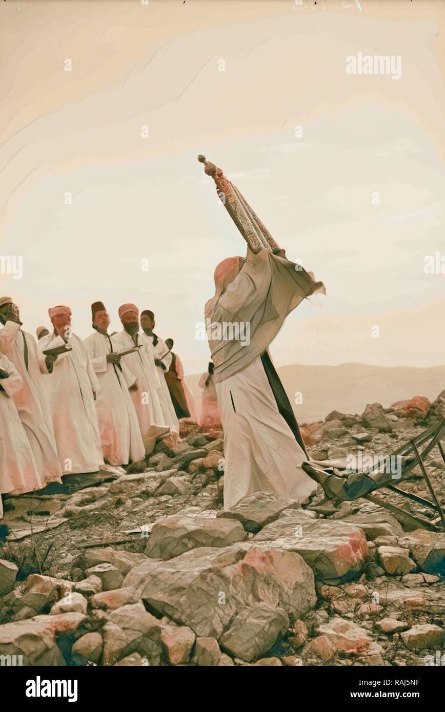 The Samaritan passover on Mt. Gerizim. High Priest exposing the scroll ...
